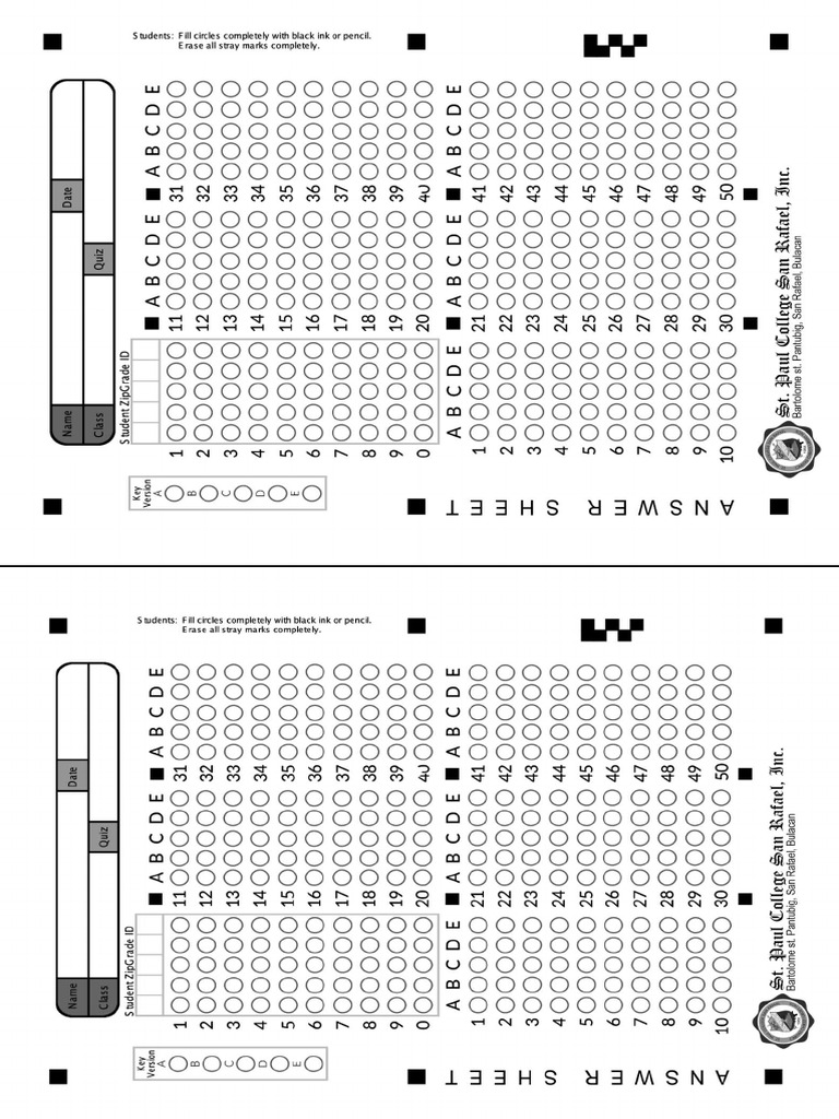 Zip Grade Answer Sheet 50 Items | PDF
