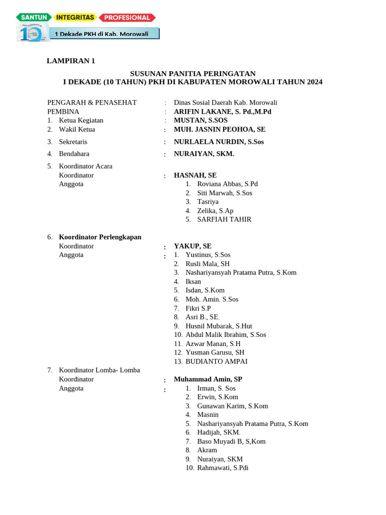 Dinsos Susunan Panitia 1 Dekade PKH Kab. Morowali Tahun 2024 | PDF