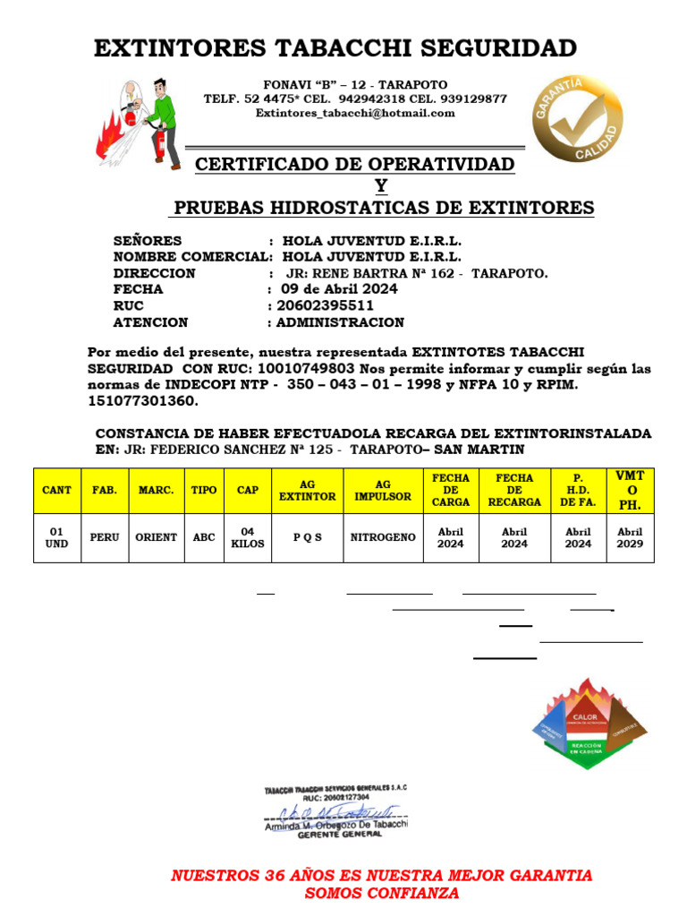 Certificado de Pruebas Hidrostatica Extintores. - Hola Juventud E.I.R.L ...