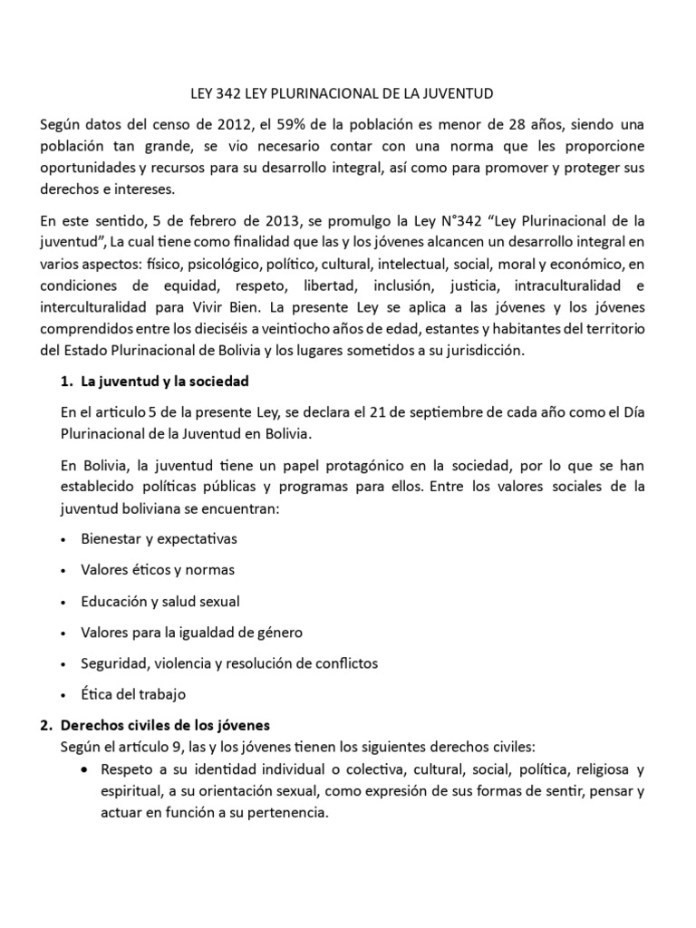 Ley 342 Ley Plurinacional de La Juventud | PDF