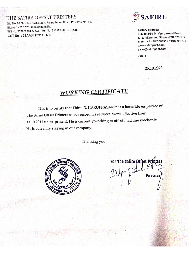 Working Certificate | PDF