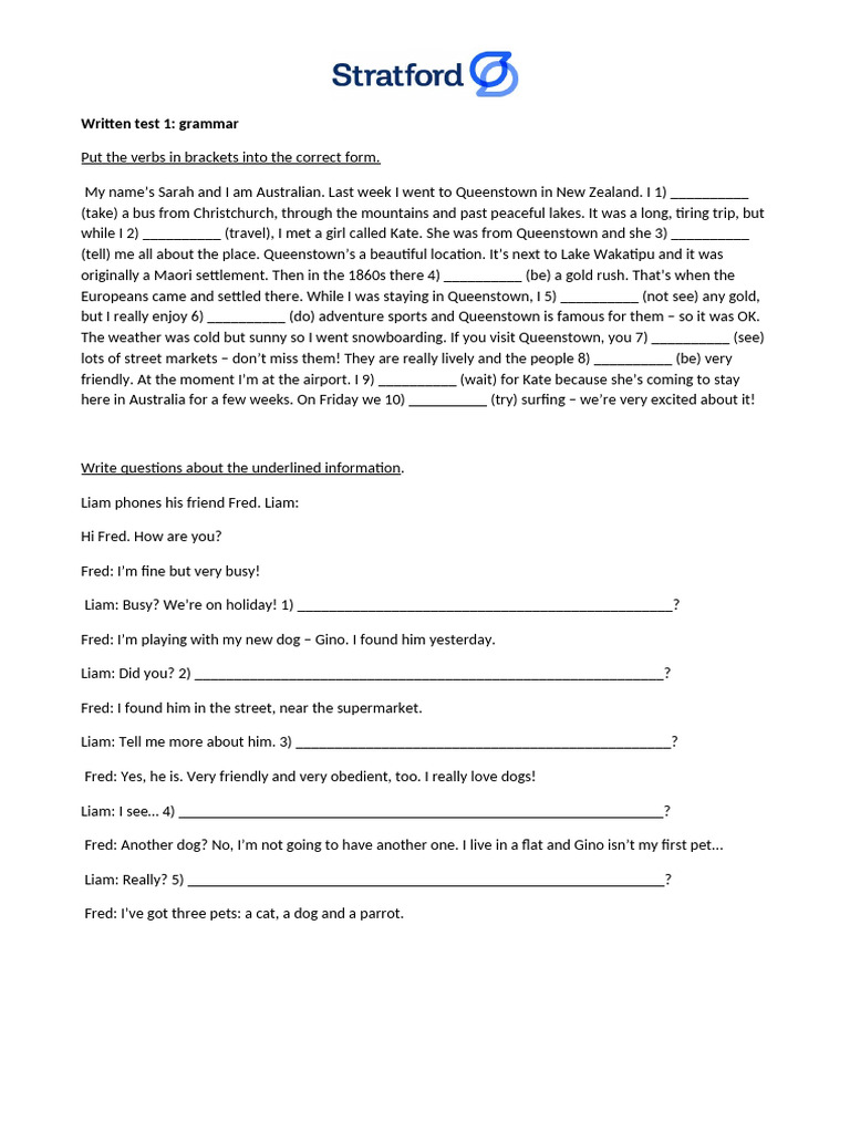 Grammar Test: Verb Forms and Questions | PDF | Social Science | Travel