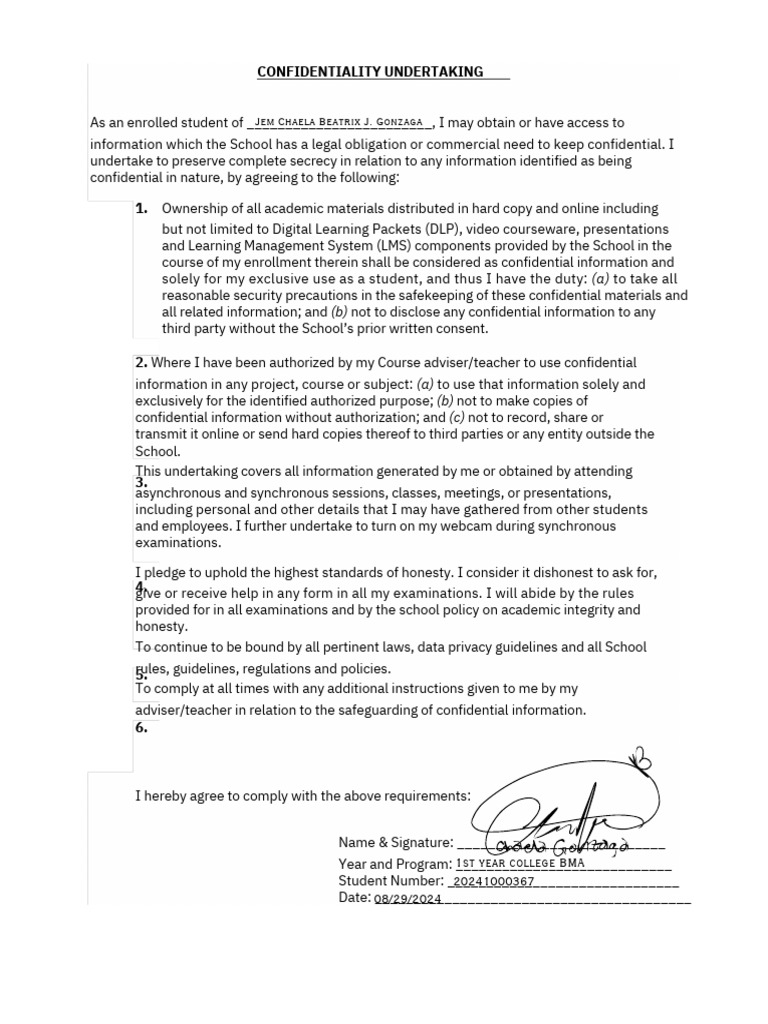 Confidentiality Undertaking Student PDF | PDF | Confidentiality | Privacy