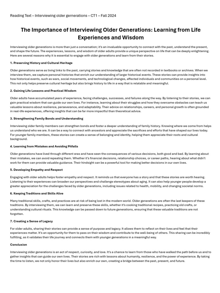 The Importance of Interviewing Older Generations Text Only - Student | PDF