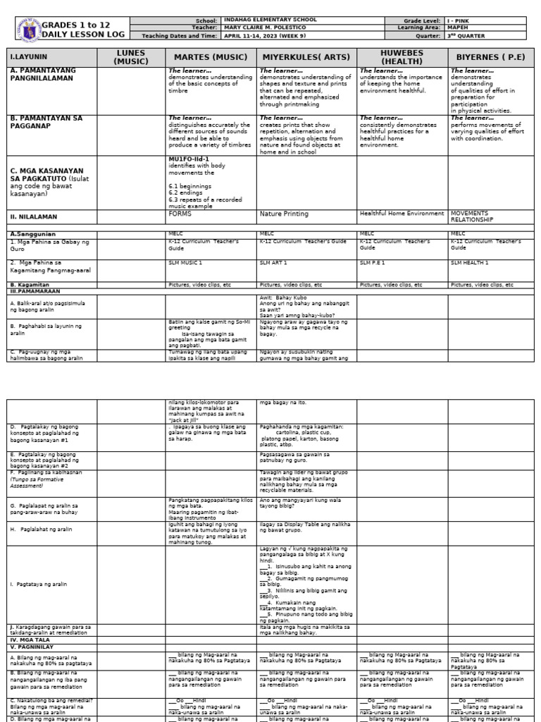 DLL Mapeh-1 Q3 W9 | PDF