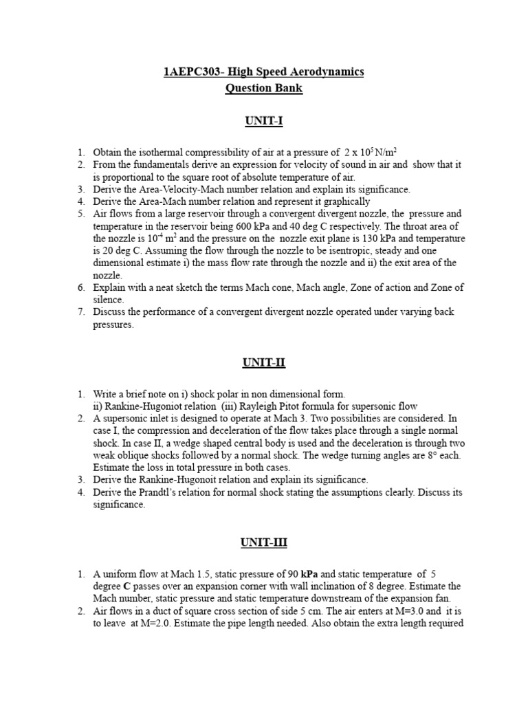 High Speed Aerodynamics Question Bank | PDF | Mach Number | Applied And ...