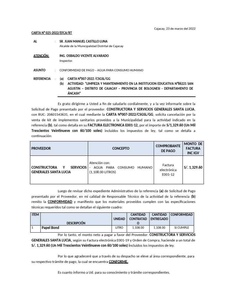 Carta N°010-2022 Conformidad Pago Kit de Implementos Sanitarios | PDF