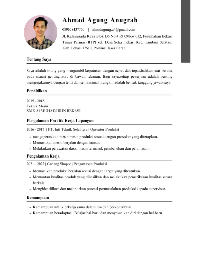 CV Ahmad Agung Anugrah | PDF