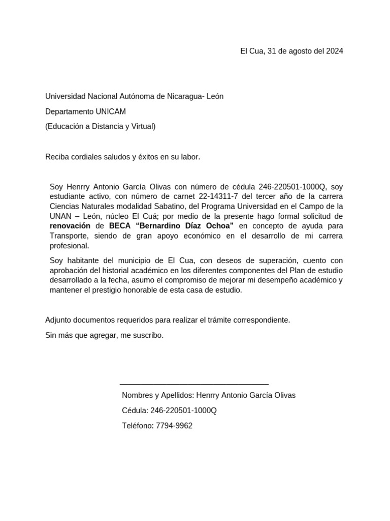 Carta de Solicitud de Renovación de Beca | PDF