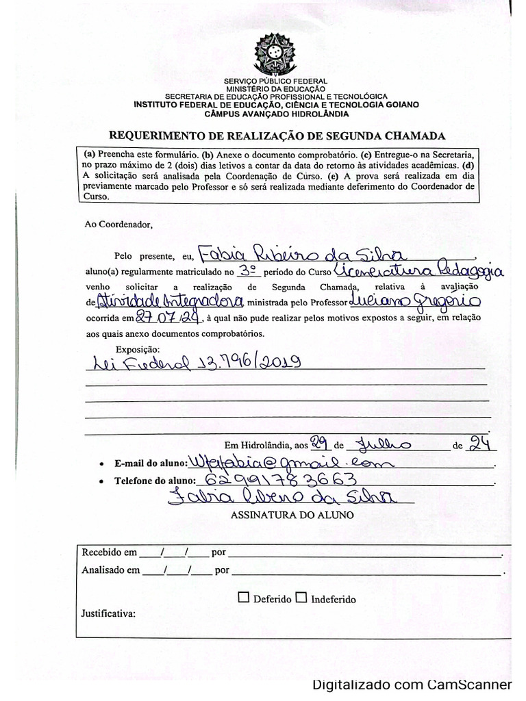 Justificativa Sabatista Fabia Ribeiro Da Silva | PDF