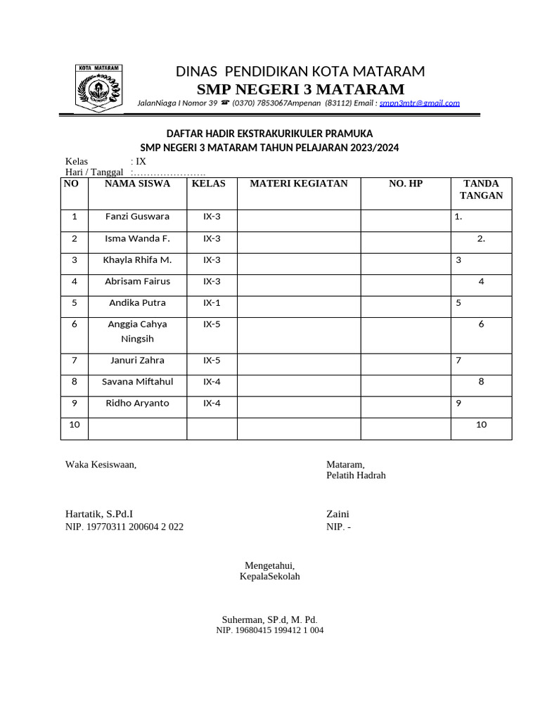 DAFTAR HADIR Hadrah IX, VIII, DAN VII 2023 | PDF