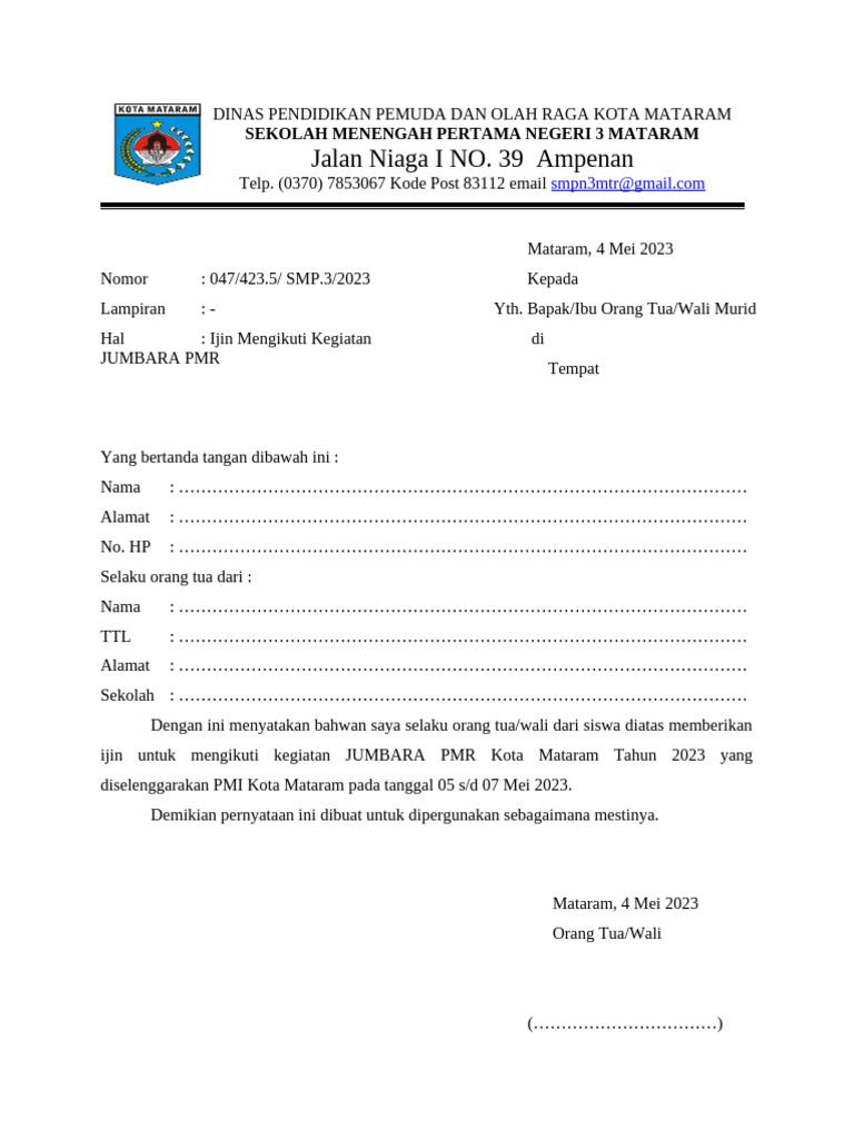 Surat Ijin Ortu PMR | PDF