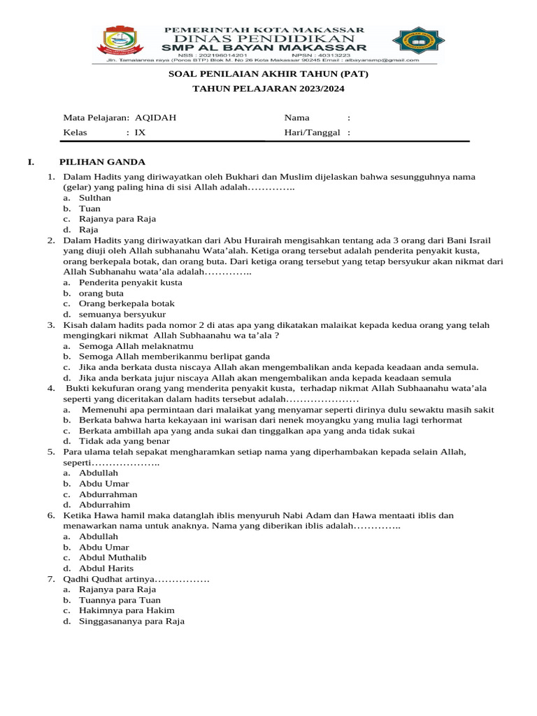 PAT Aqidah SMP Kls IX 2024 | PDF