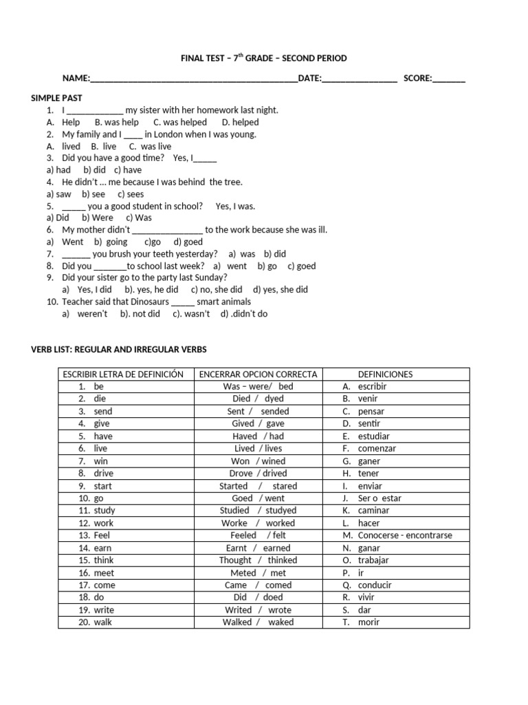 Final Test 7th Grade Second Period | PDF