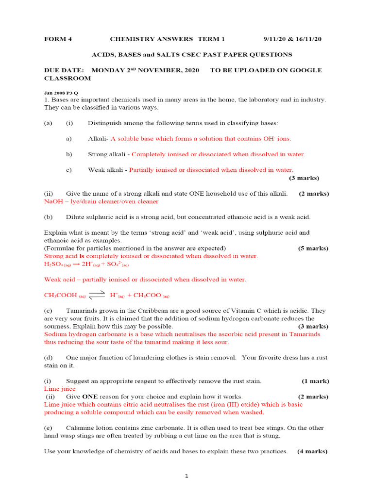 Acids, Bases and Salts Csec Past Paper Questions Worksheet Answers | PDF
