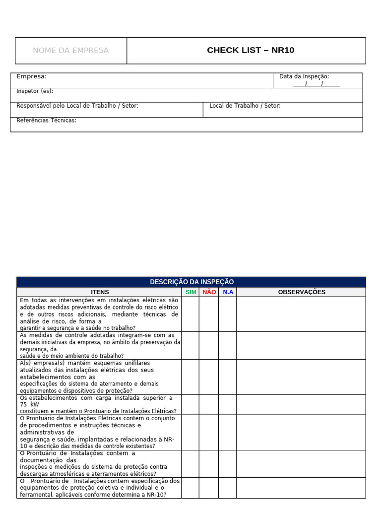 Modelo - Check List NR 10 | PDF
