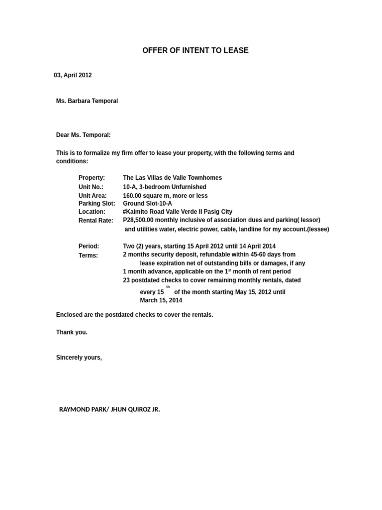 Intent To Lease 10-A | PDF