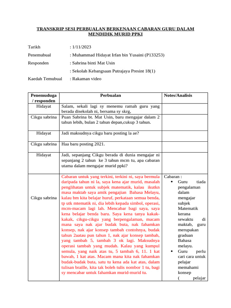 Transkrip Sesi Temubual Bersama Cikgu Sabrina | PDF