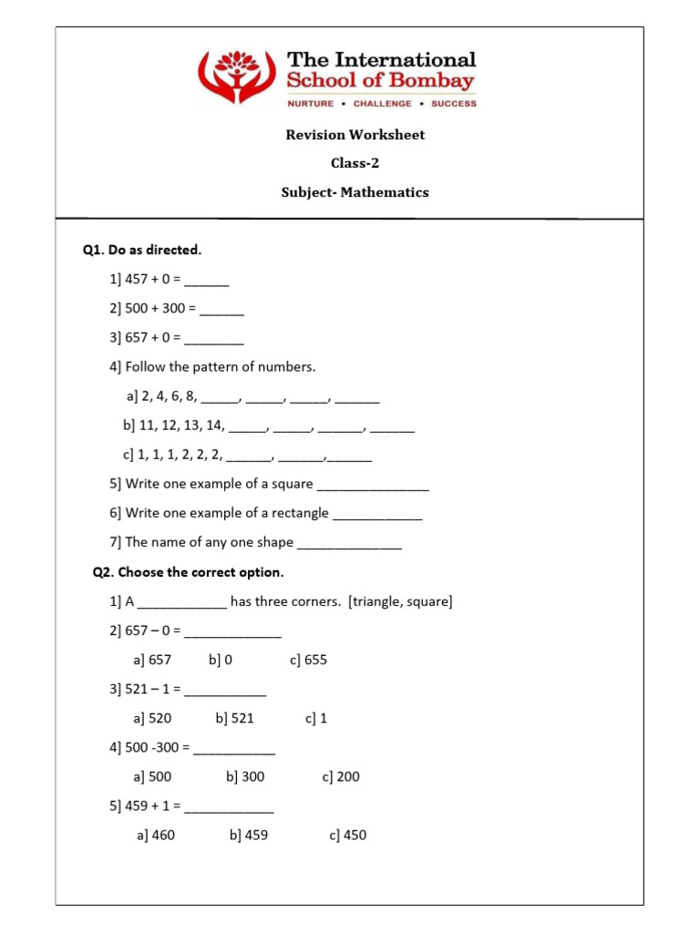 Revision Sheet-Class 2 Math | PDF