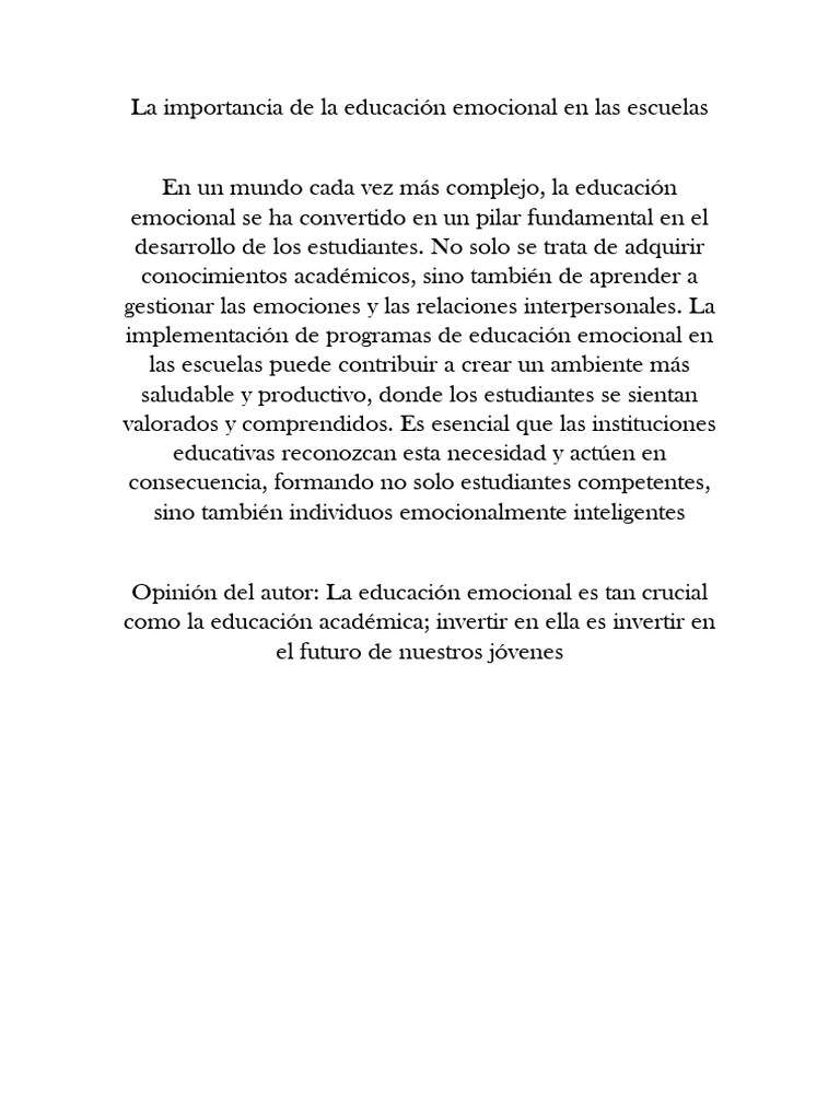 La Importancia De La Educación Emocional En Las Escuelas Pdf