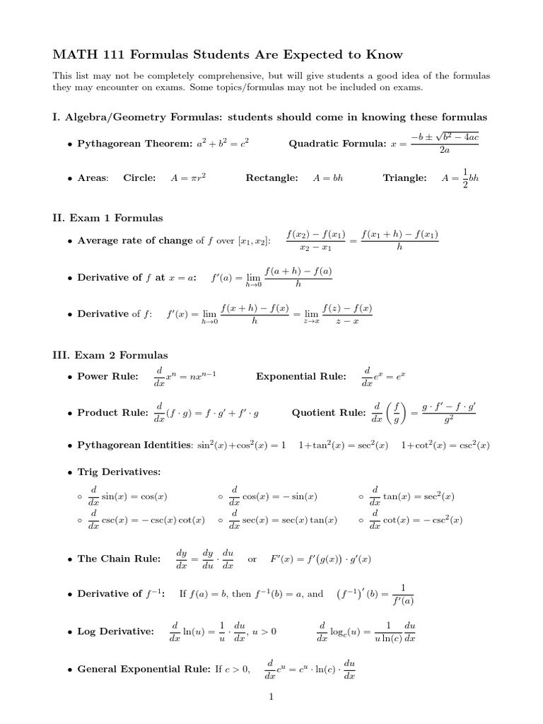 Formulas For Math 111 | PDF