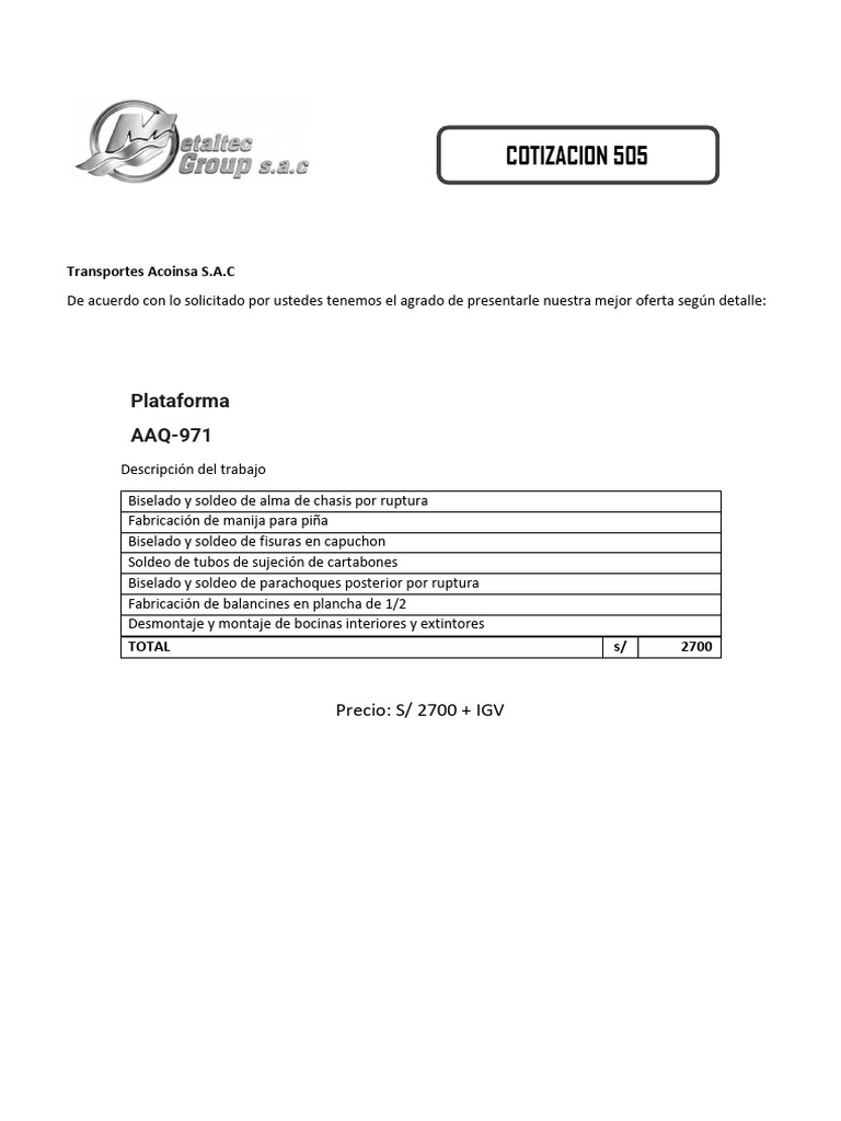 Cotizacion 505 AAQ-971 | PDF