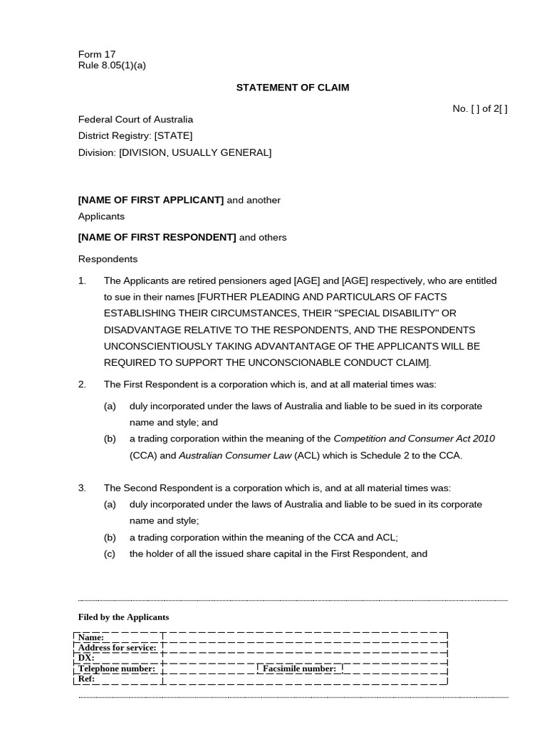 Legal Statement of Claim Misleading and Unconscionable Conduct ...