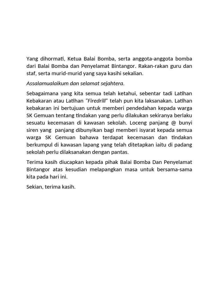 Teks Ucapan Penyelaras Program Firedrill SKG | PDF