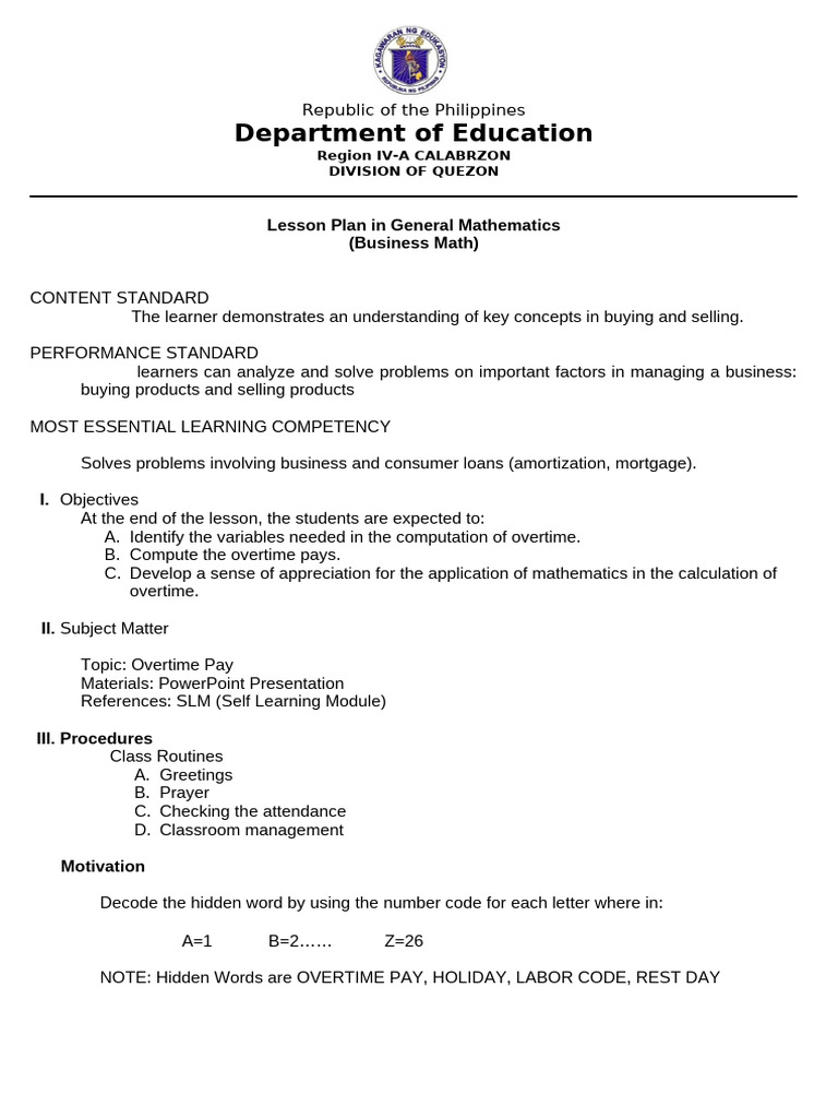 Lesson Plan - Business Math | PDF