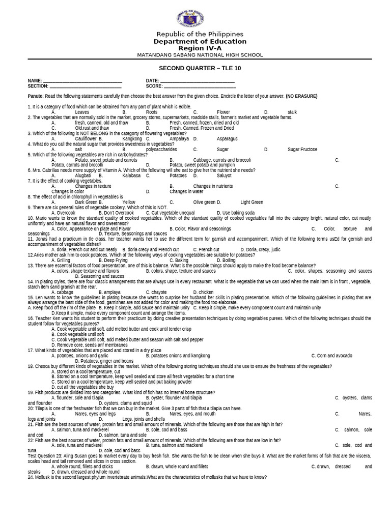 Tle 10 Exam 2ND | PDF