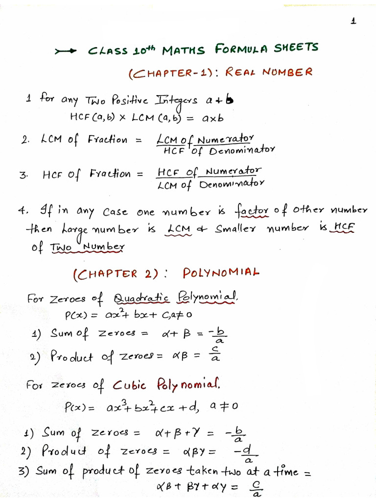 10th Formula Sheets Maths | PDF