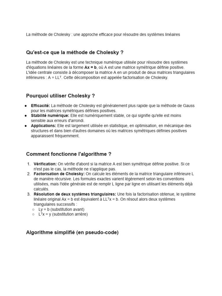 L'algorithme de La Méthode de Cholesky Pour Résou... | PDF