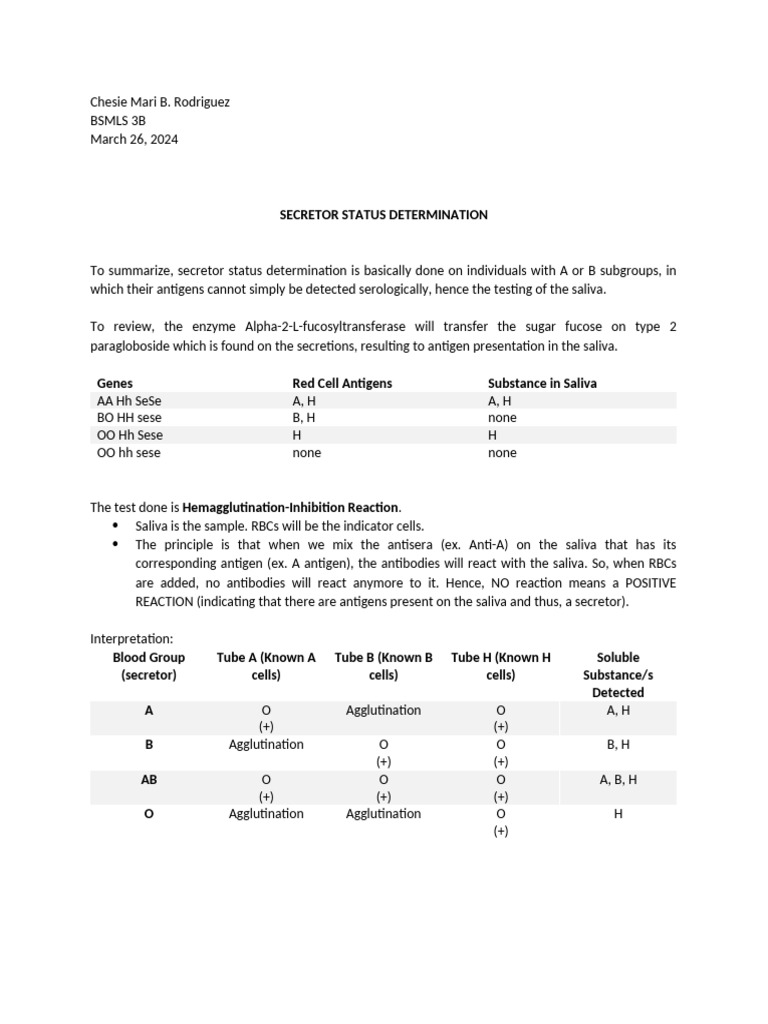 Secretor Status Notes | PDF