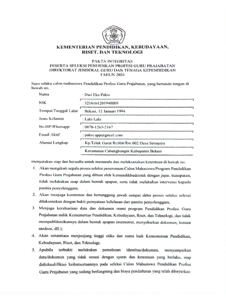 Pakta Integritas Seleksi PPG Prajabatan 2024 | PDF