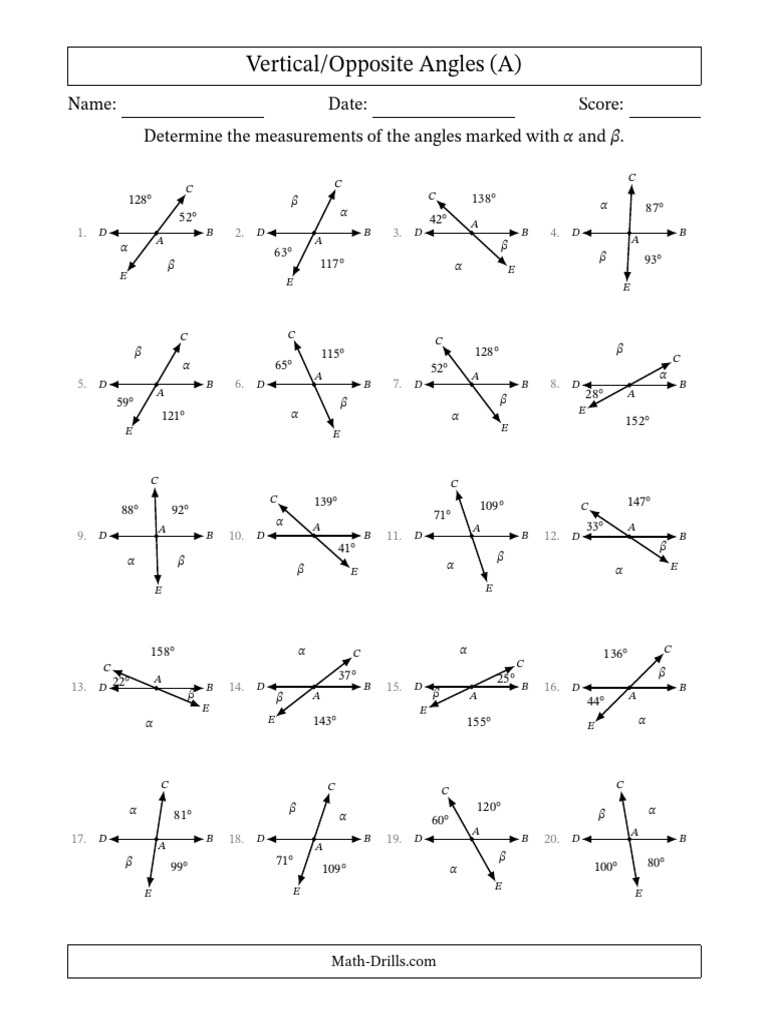 Geometry Worksheet - Vertical - Opposite Angle Relationships | PDF