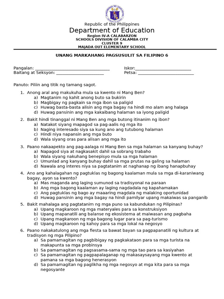 First Periodical Test in Filipino 6 2024 2025 | PDF