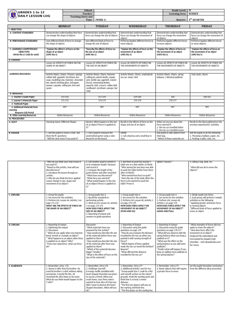 DLL - Science 4 - Q3 - W1 | PDF | Force