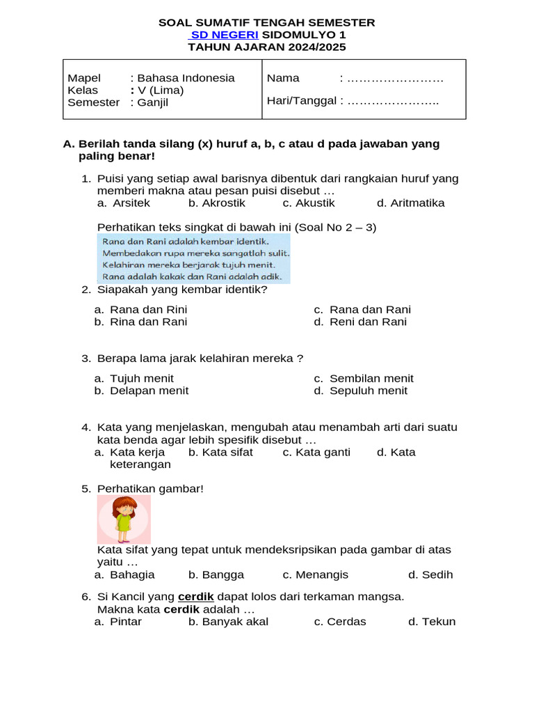 Soal STS 1 B.indo Kelas 5 | PDF