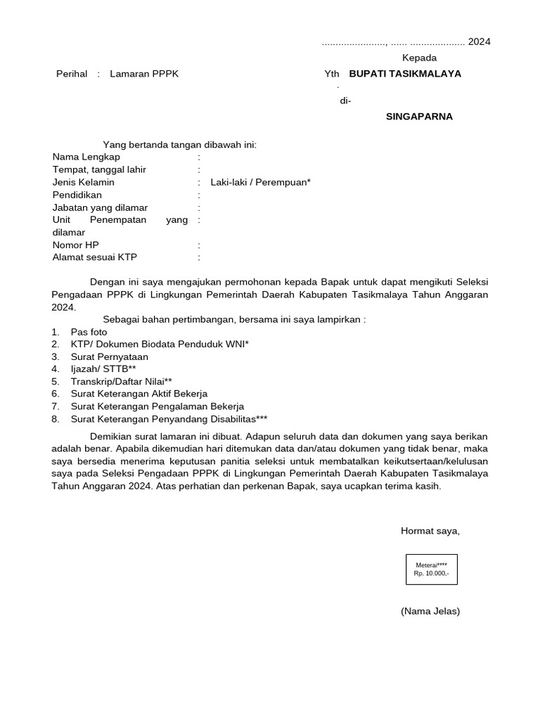 Format Surat Lamaran PPPK Teknis 2024 | PDF