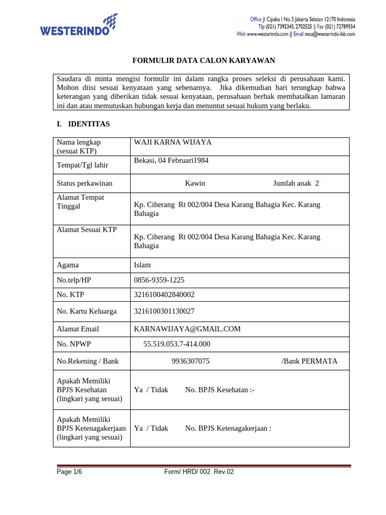 1-Data Calon Karyawan | PDF