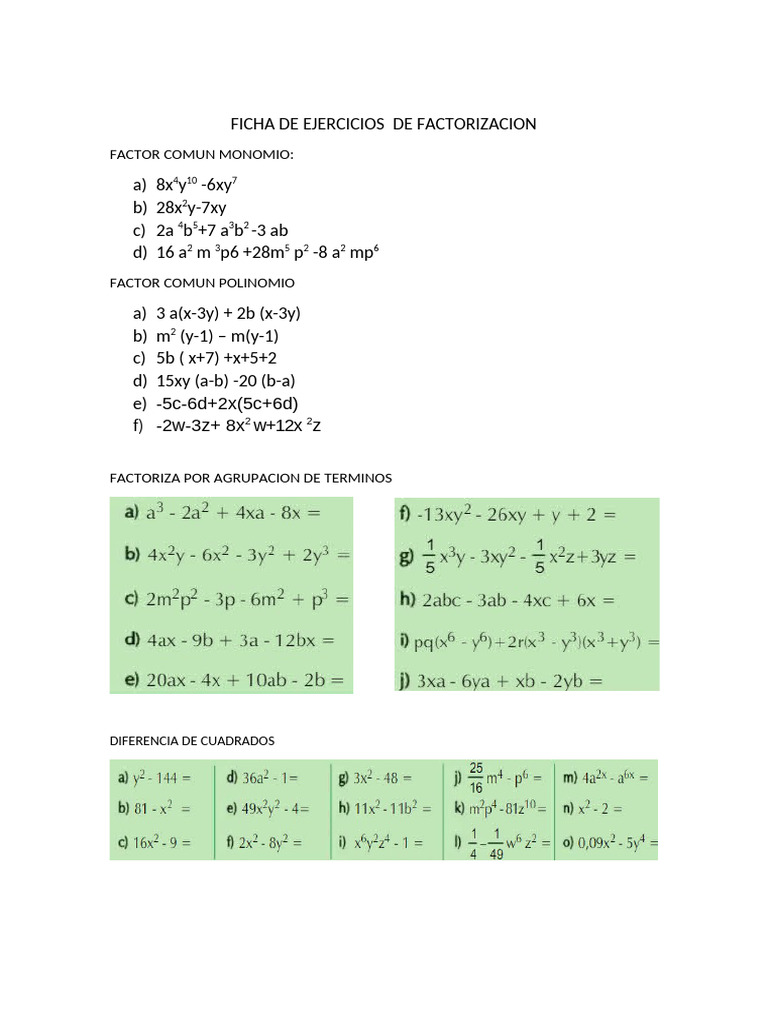 Ficha de Ejercicios Factorizacion | PDF