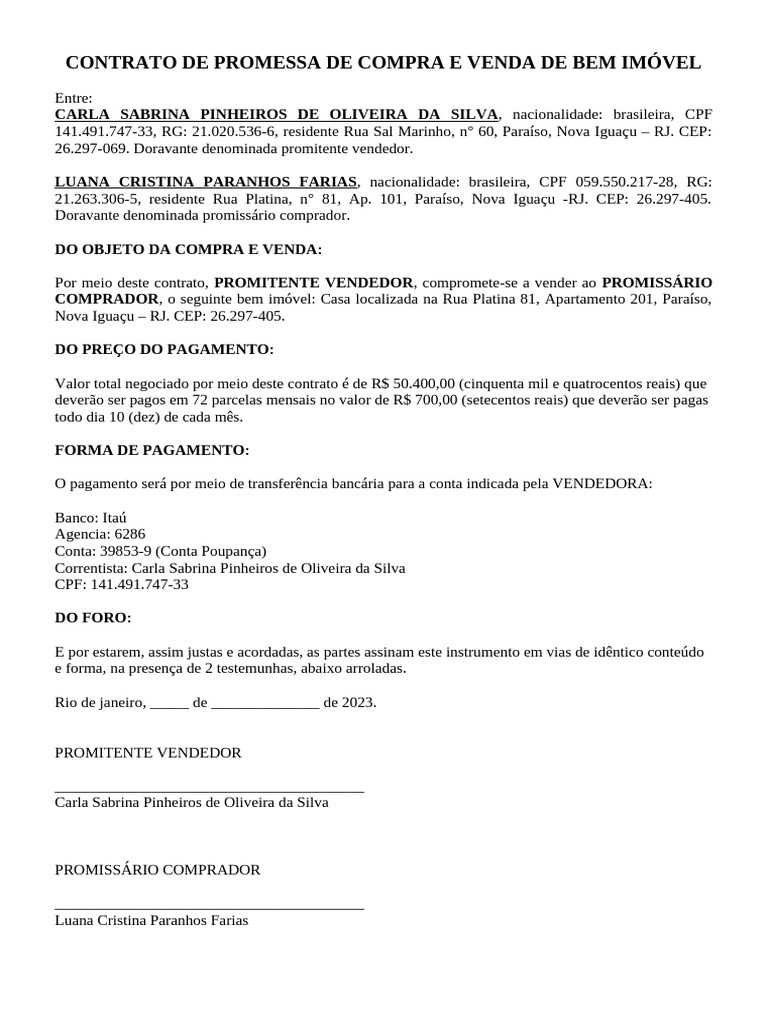 Contrato de Promessa de Compra e Venda de Bem Imóvel | PDF