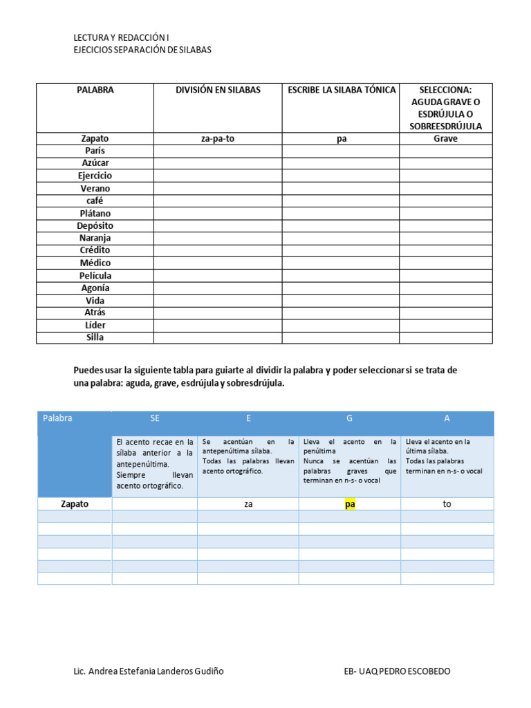 Ejercicios División Silabica | PDF