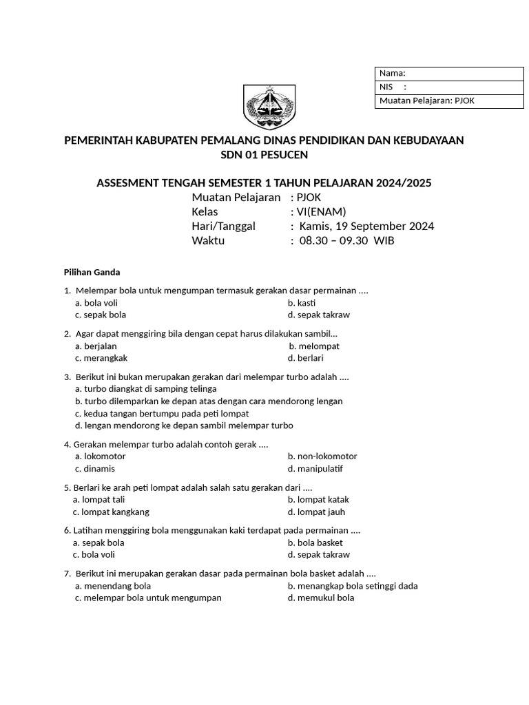 Soal Uts Pjok Kls 6 SMSTR 1 2024 | PDF