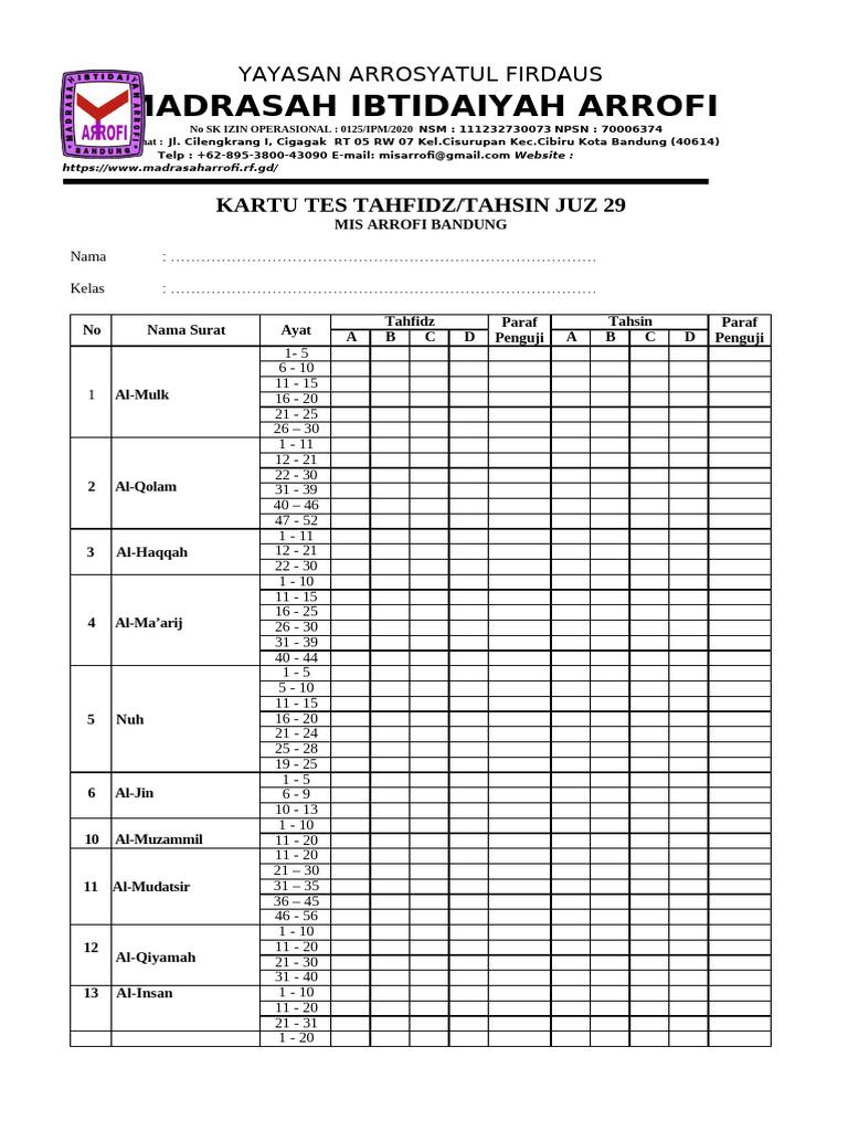Kartu Tahfidz Juz 29 Madrasah Arrofi | PDF