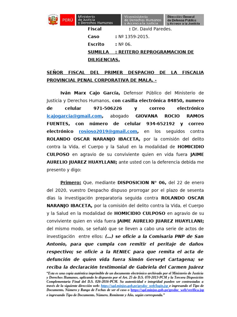 Caso #2015-1359-Homicidio Culposo-Reitero Reprogramar Diligencias. | PDF
