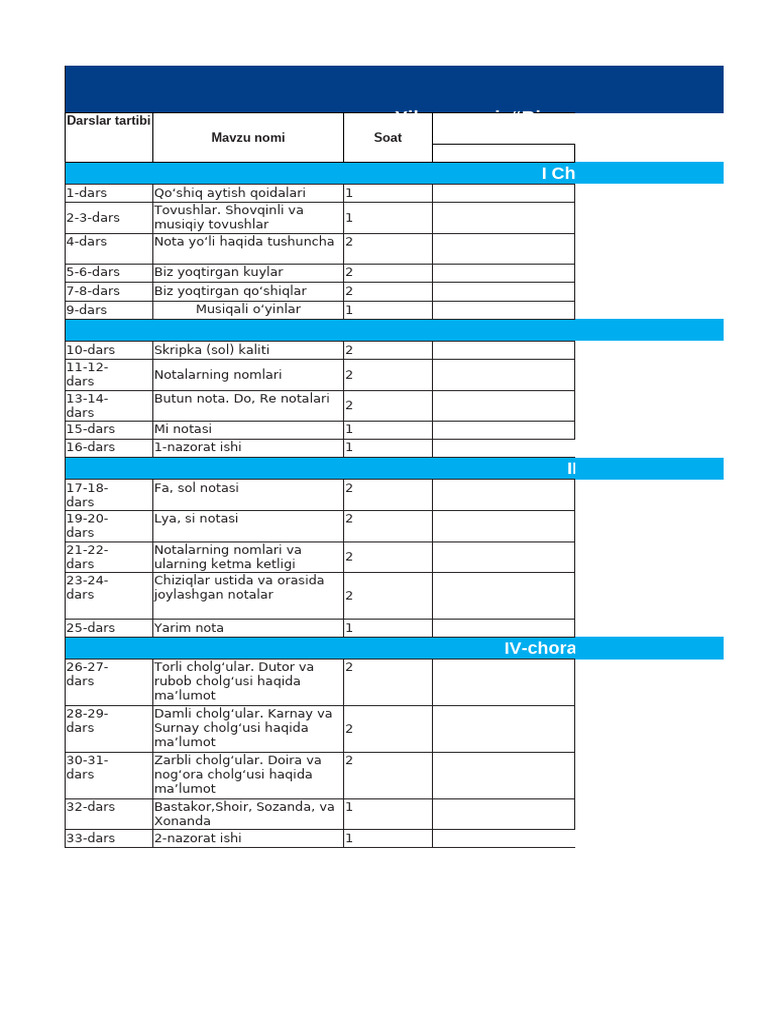 1-Sinf Musiqa Yillik 2023-2024 Begzodaka | PDF