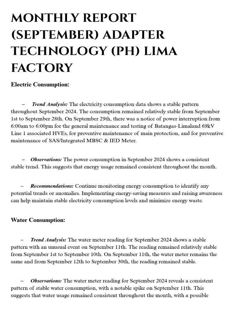 Monthly Report (September) Adapter Technology (PH) Lima Factory | PDF ...