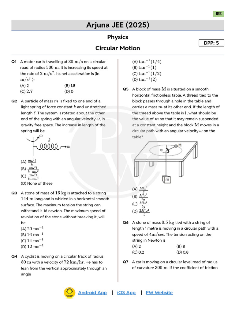 Circular Motion - DPP 05 (Of Lec 06) - Arjuna JEE 2025 | PDF