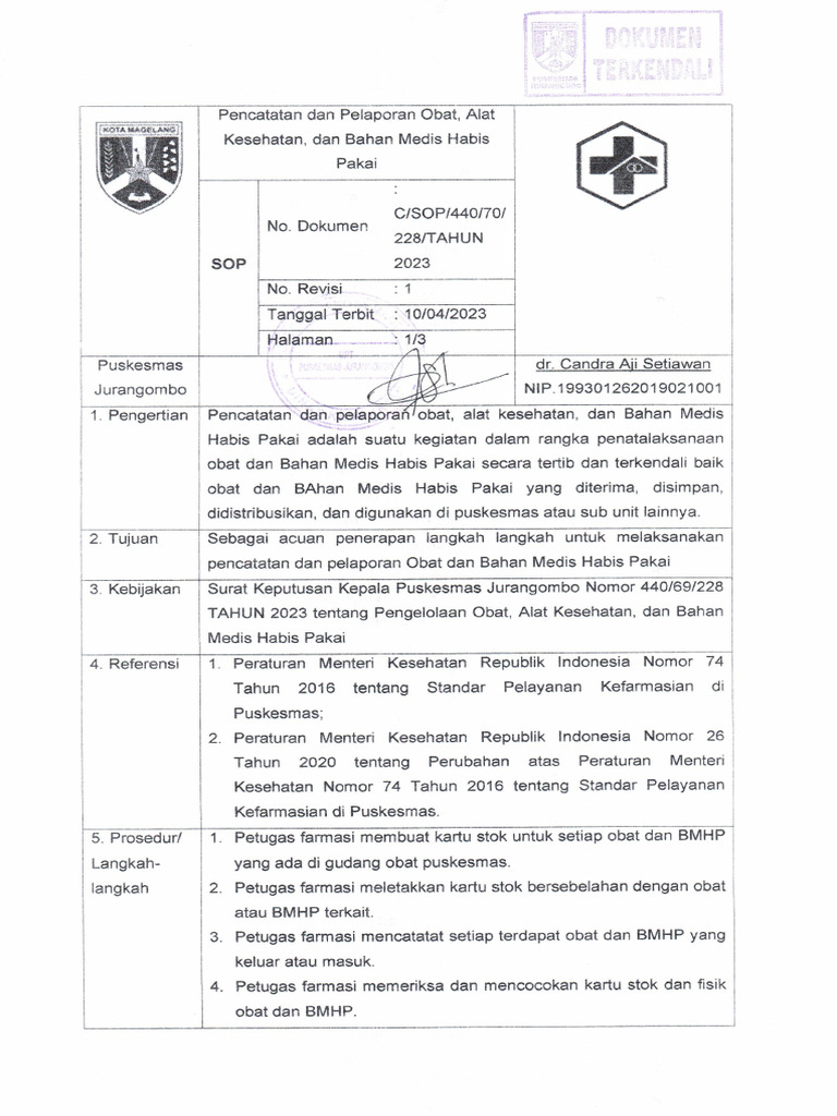 Sop Pencatatan Dan Pelaporan Obat, Alkes Dan BMHP | PDF